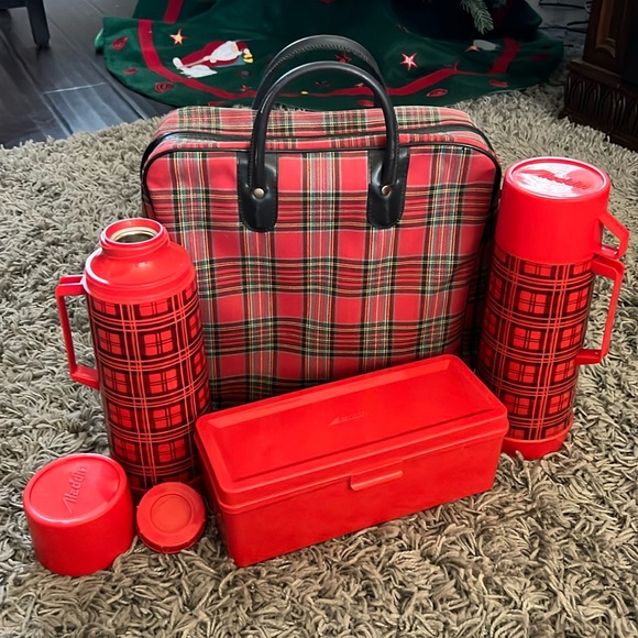 Other | Vintage Aladdin Thermos Set Christmas Plaid Canvas Carrying ...